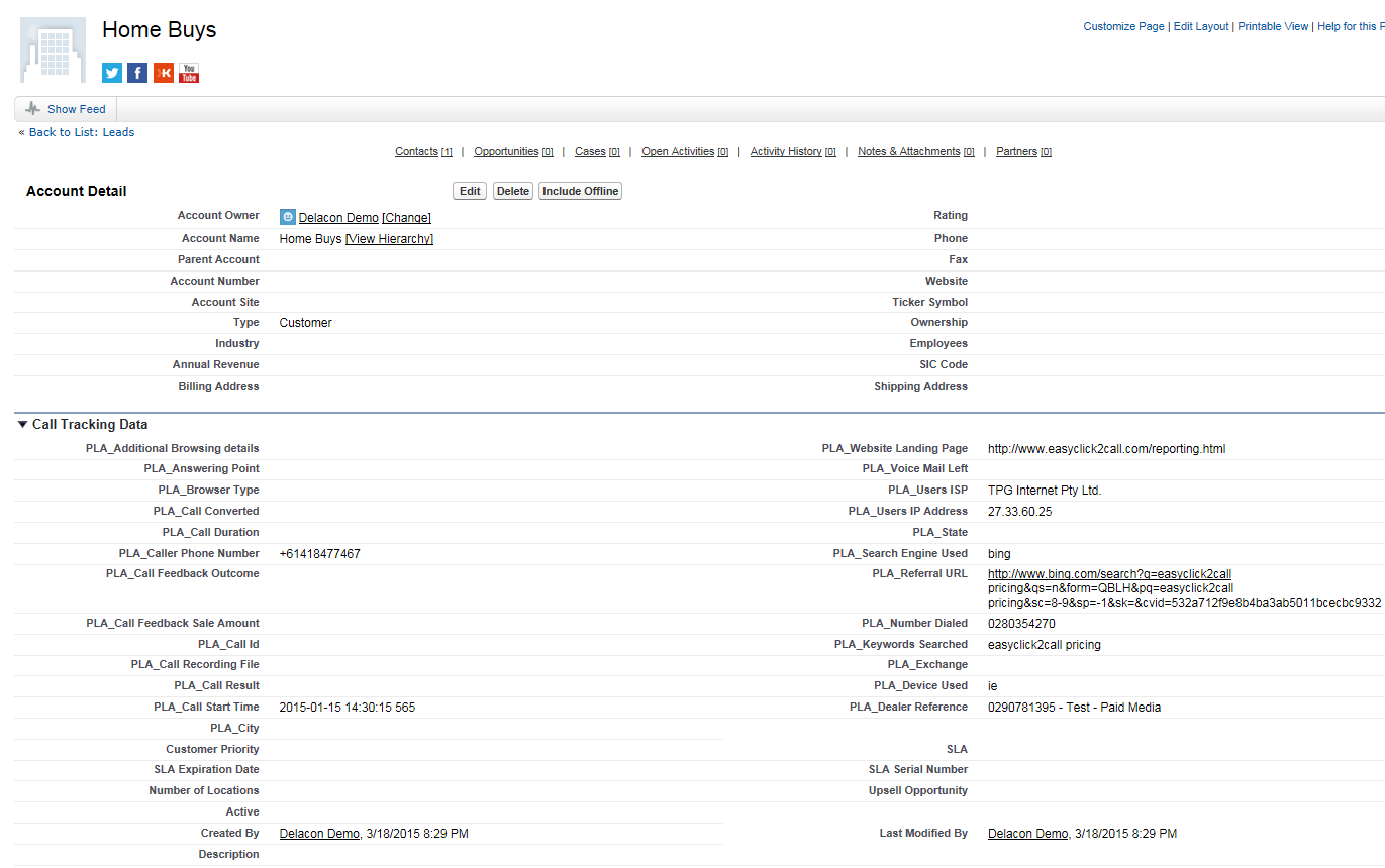 account object with call data