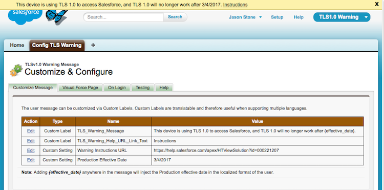 config app with sample visualforce message