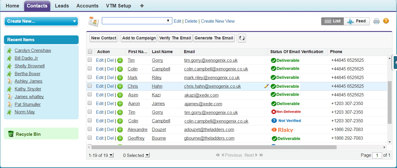 view of email status for all verified records