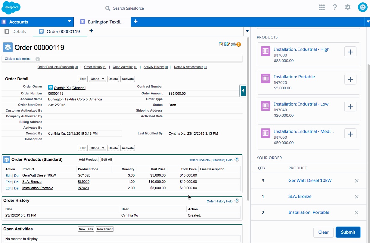 submitting order will bring up the new order just created in console view
