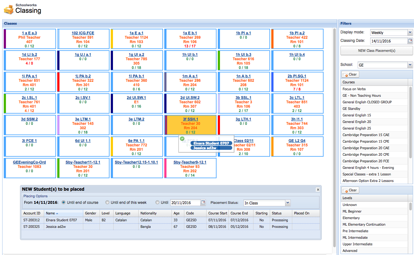 drag and drop classing of new and existing students