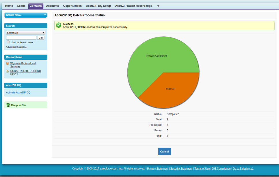 accuzip batch process status success