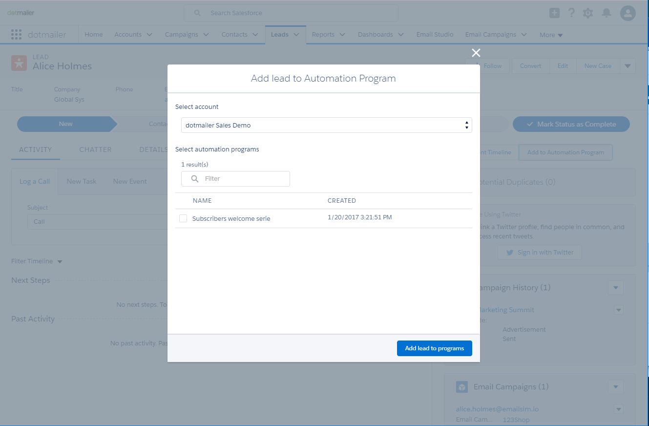 enrol leads to automation program in one click