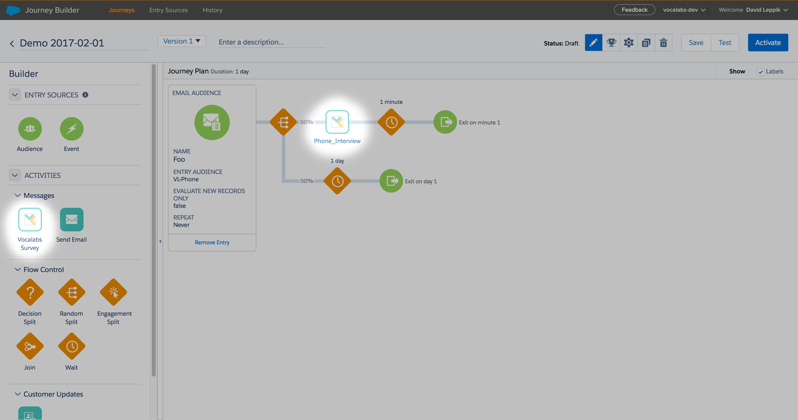 drop the vocalabs survey app anywhere in a journey to trigger phone interviews
