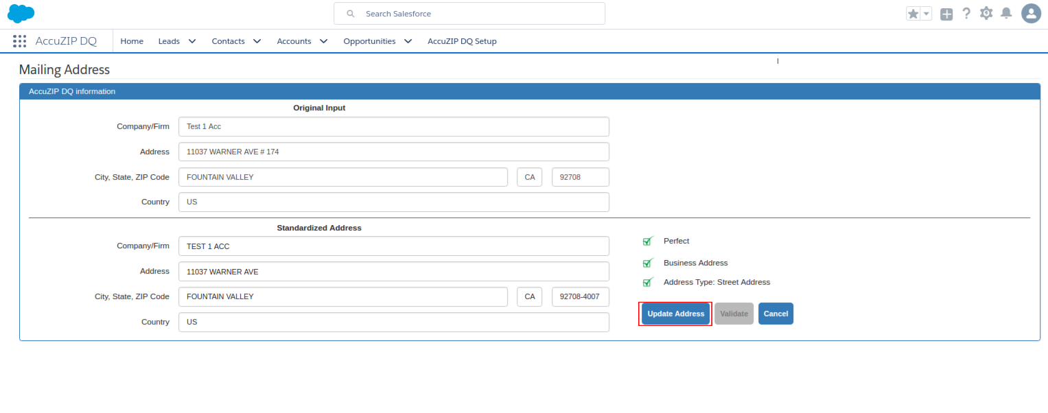 accuzip dq information output results lightning ui