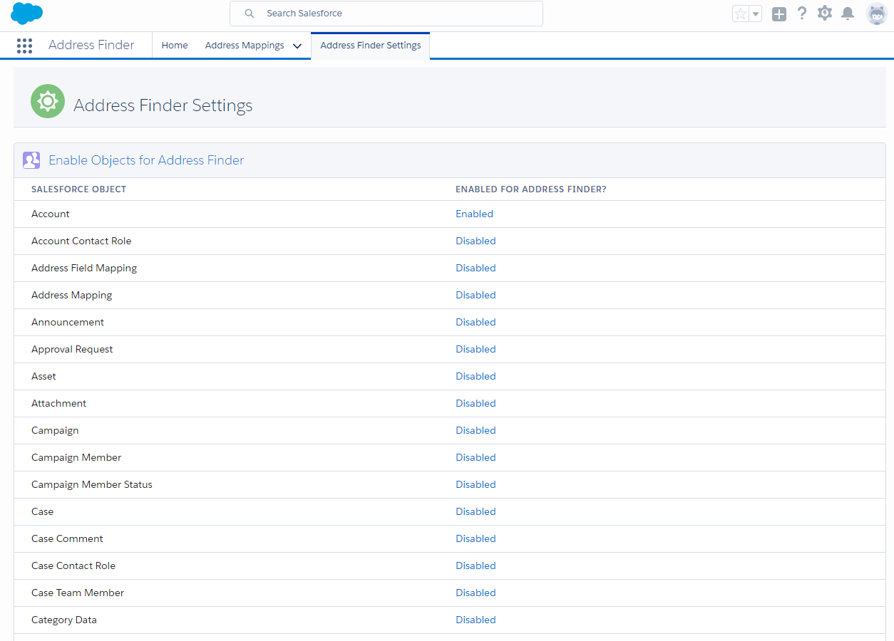 enable objects for address finder