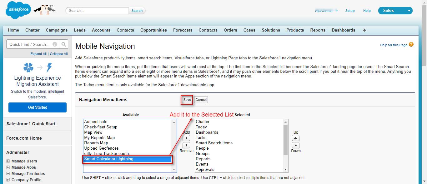 salesforce1 navigation settings