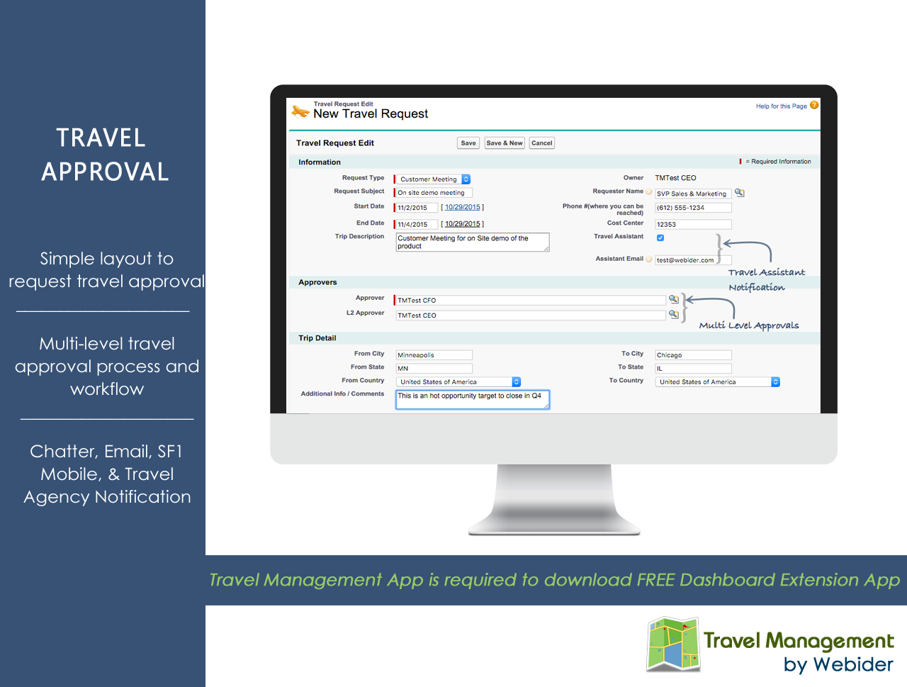 multi level travel request notify travel assistant