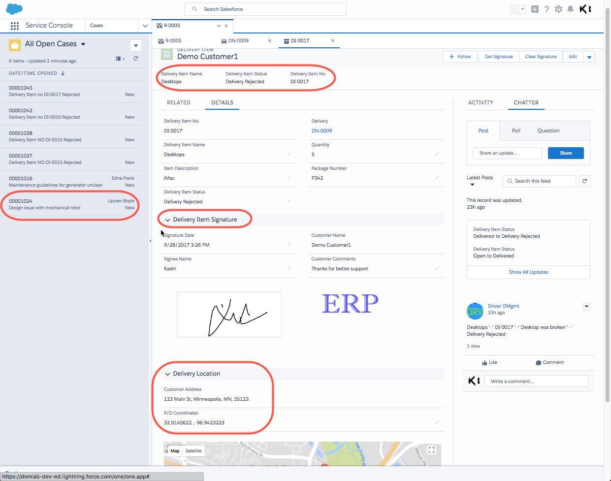 service console and delivery item information