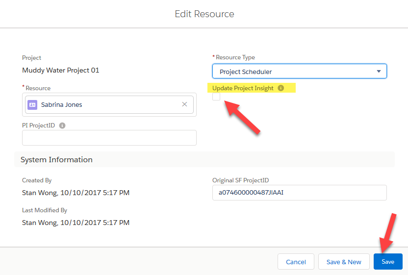 synchronize resource information between project insight salesforce
