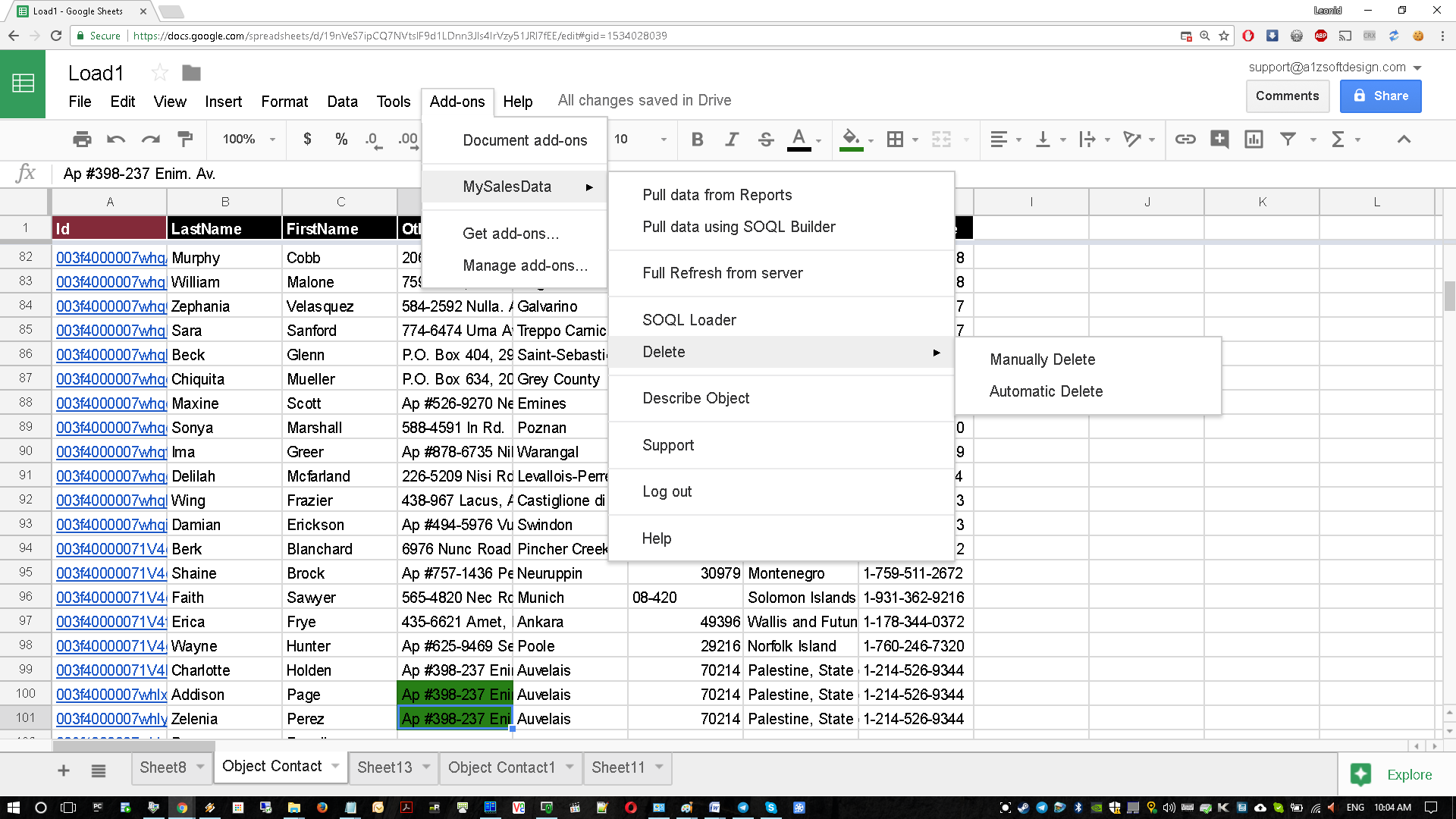 google sheet populated by the data from salesforce using soql builder