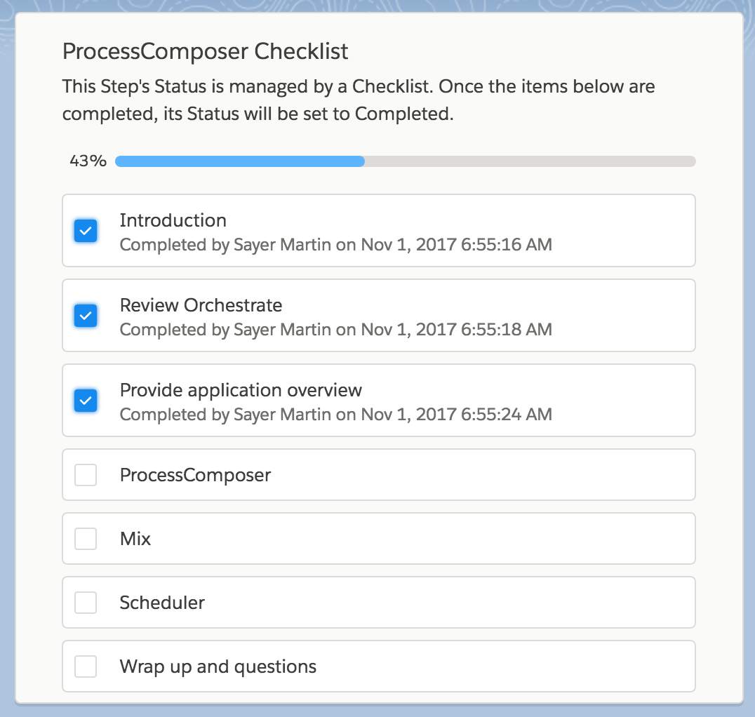 managed step completion with a checklist