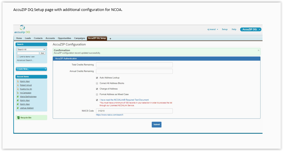 accuzip dq setup page with additional configuration for ncoa