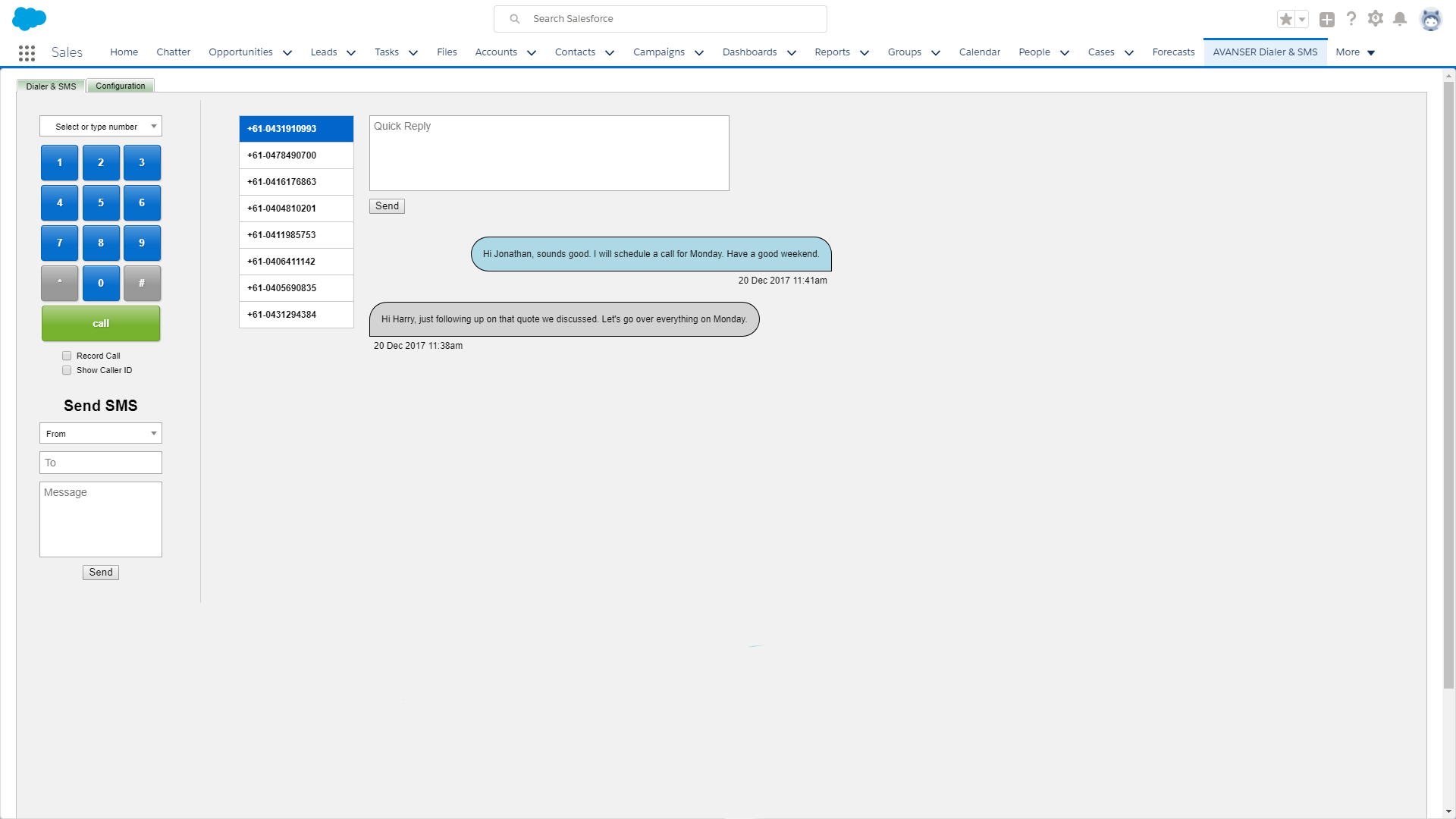 make phone calls and send and receive sms from within salesforce