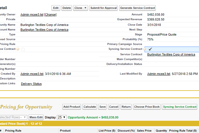 opportunity sync service contract with the button or checkbox