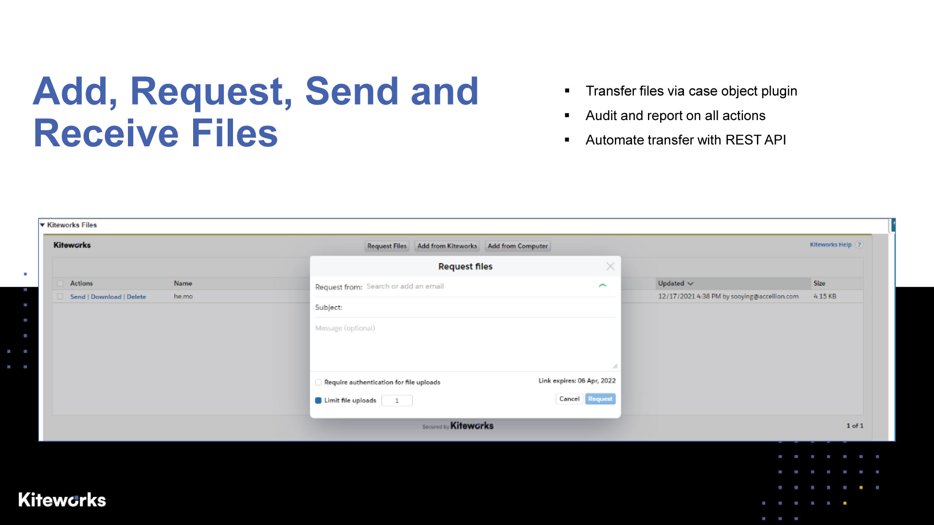 add request send and receive files from within salesforce cases