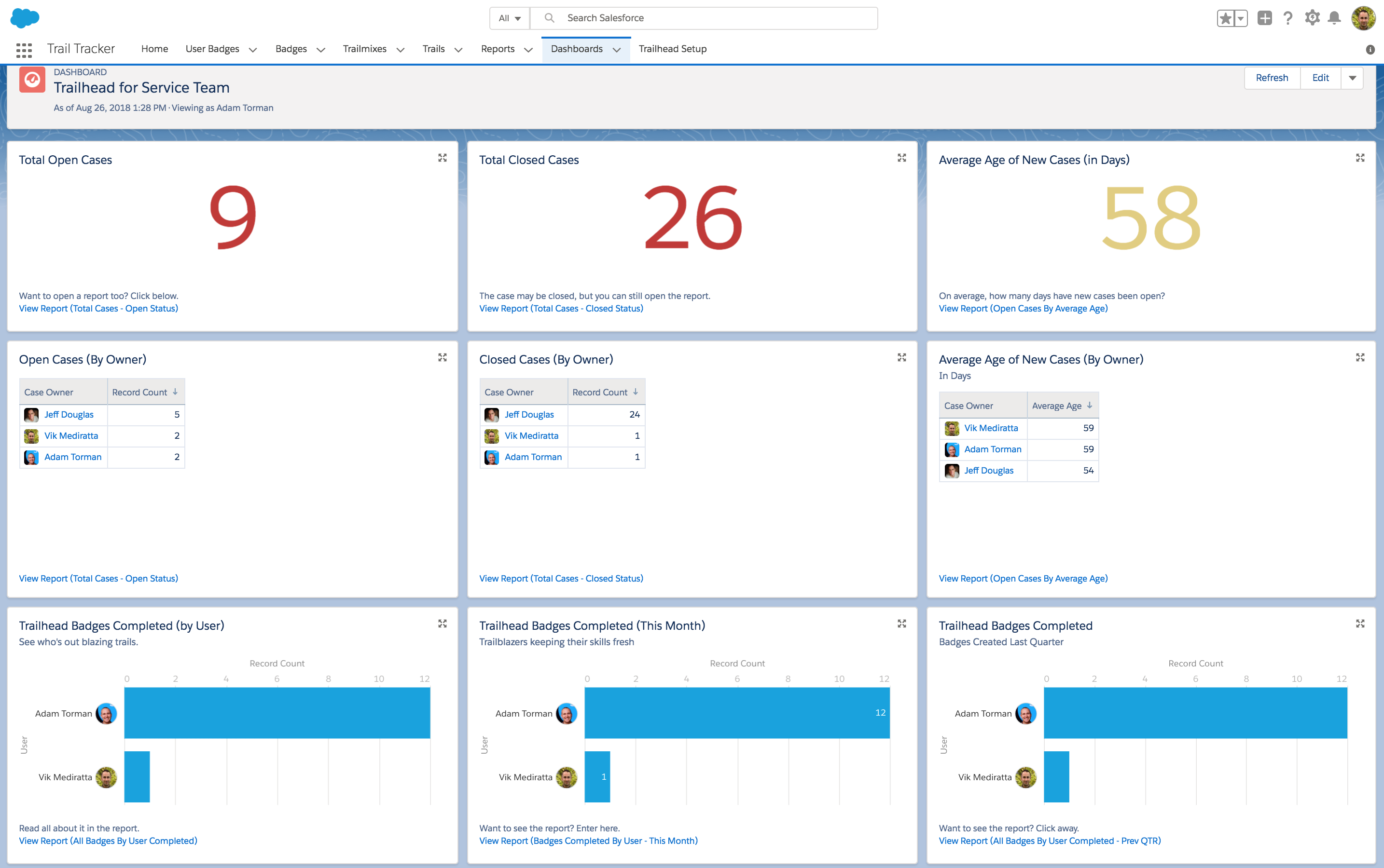 service team dashboard open and closed cases average case age plus learning