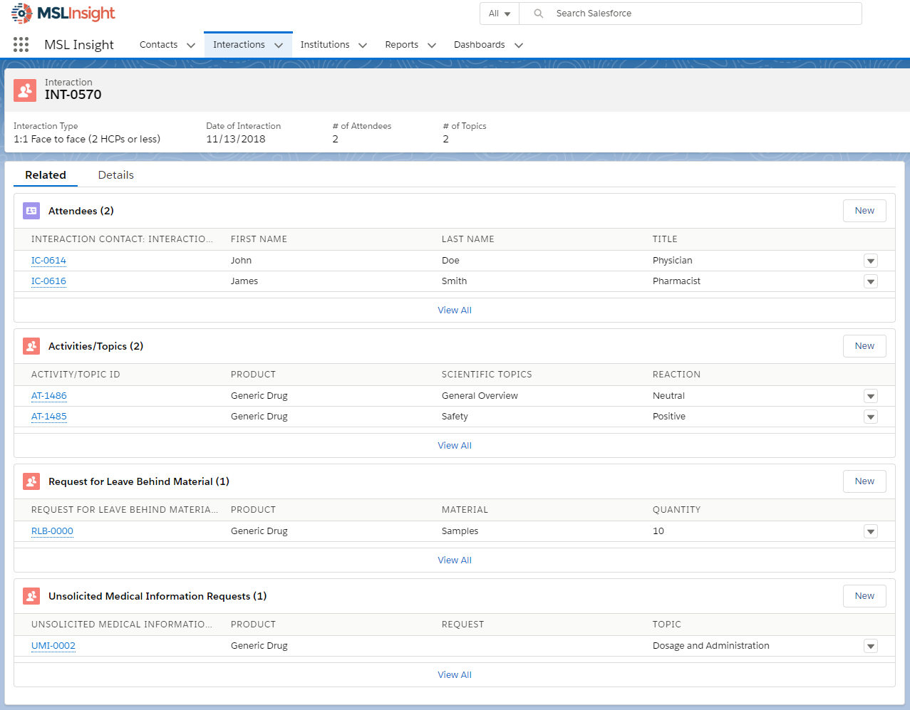 interaction record with associated details