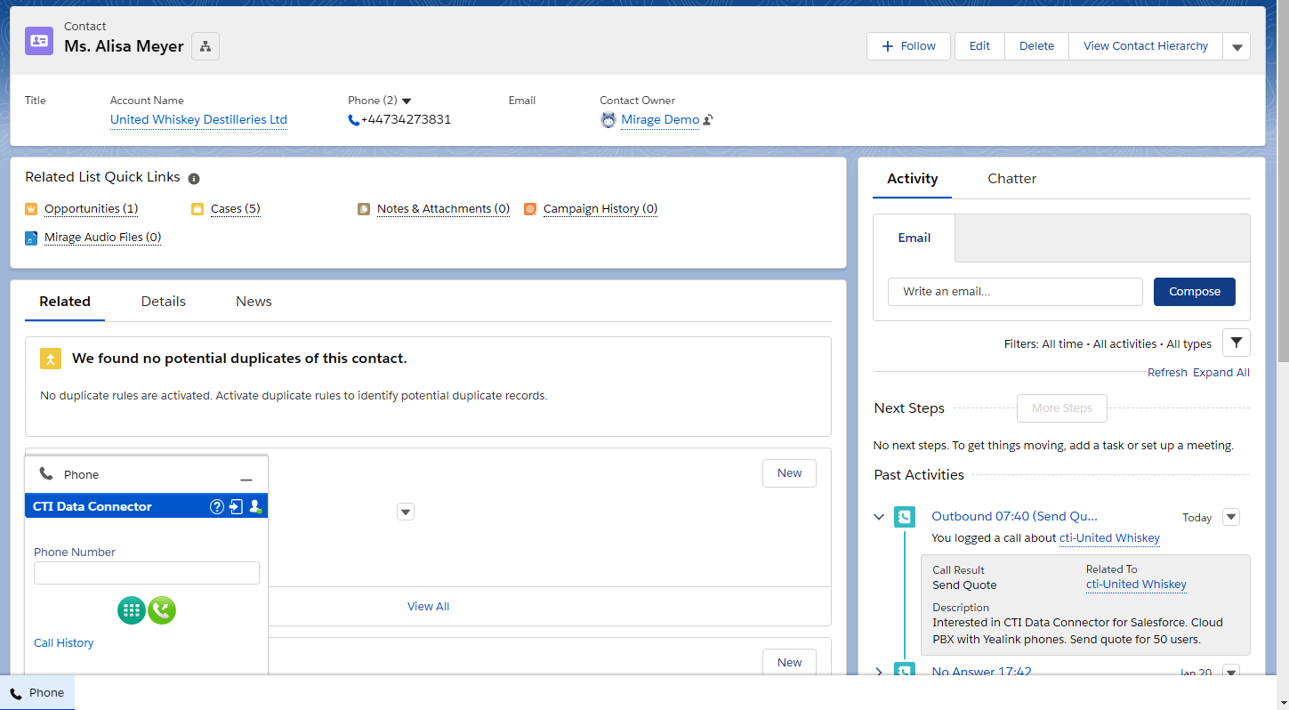 activity in lightning created by cti data connector
