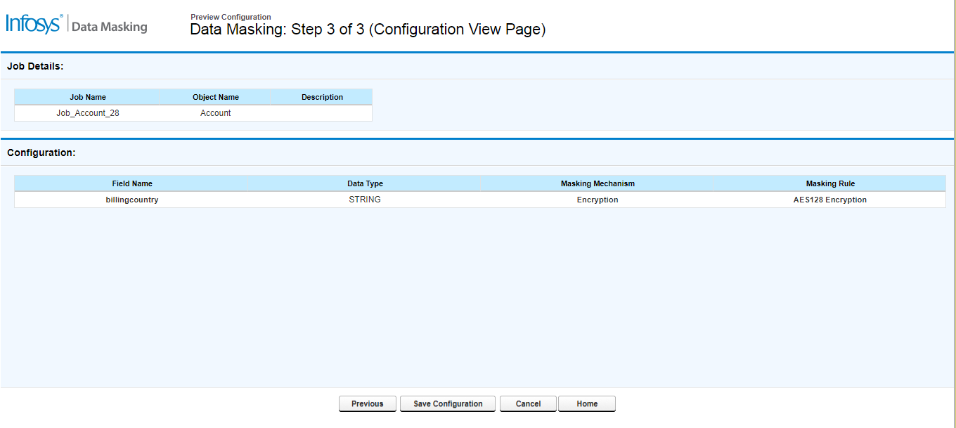 infosys data masking configuration view page