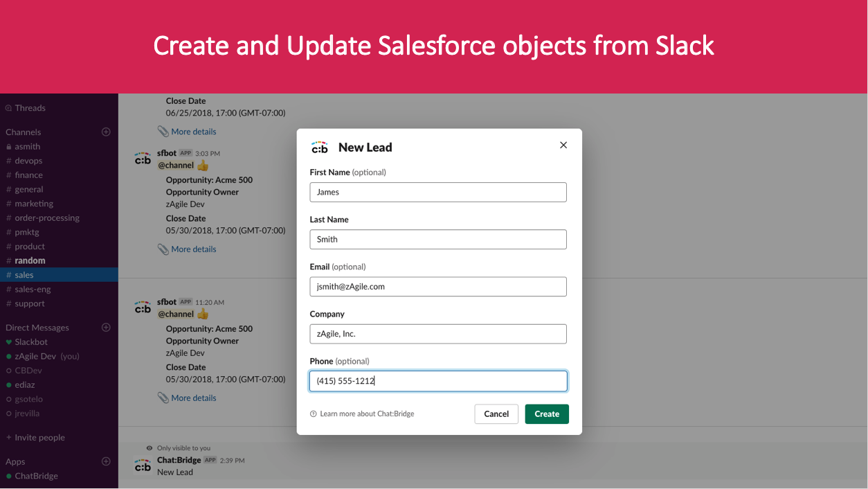 create and update salesforce objects from slack