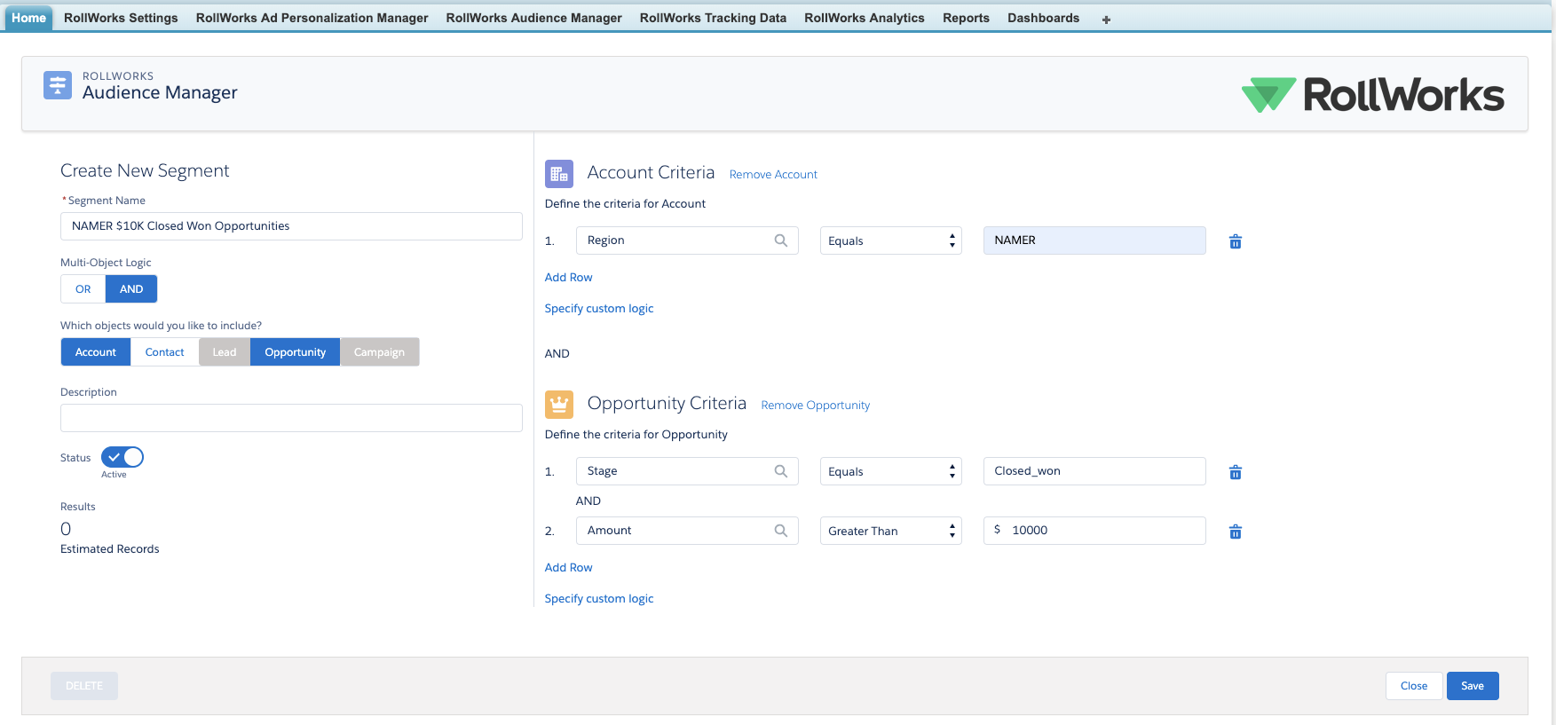within salesforce create a new ad audience using account and opportunity fields
