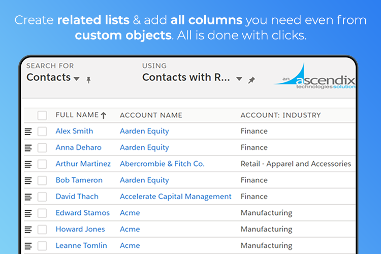customize your views with any objects e g you can see contacts and accounts columns in one table
