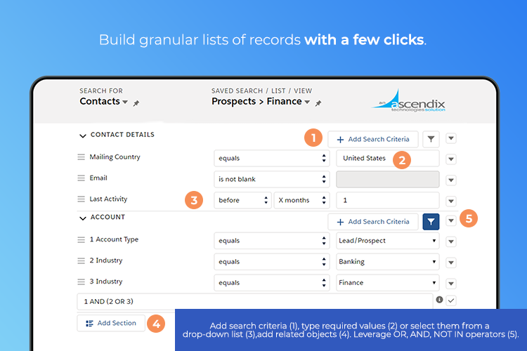 search for records using multiple search criteria related objects use and or not in operators
