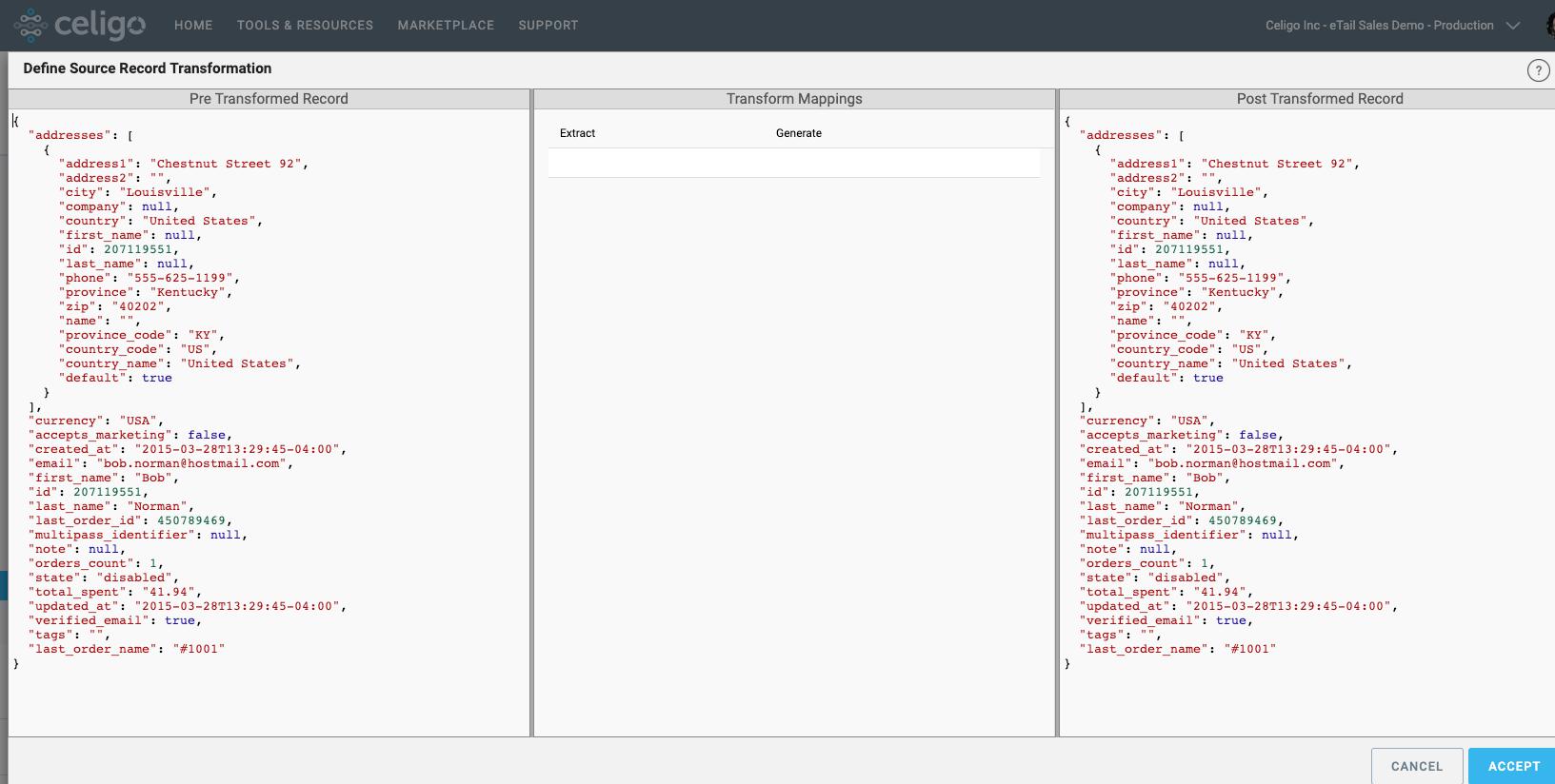 data transformation for customized data mappings