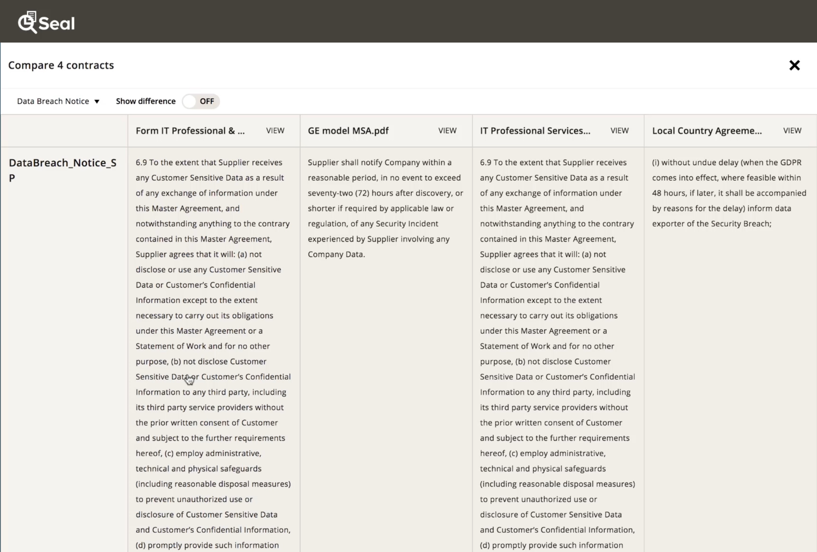 seal side by side comparison of four data breach clauses