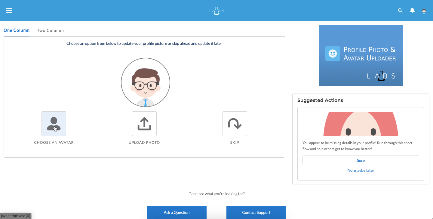 choice screen with avatar upload or skip option