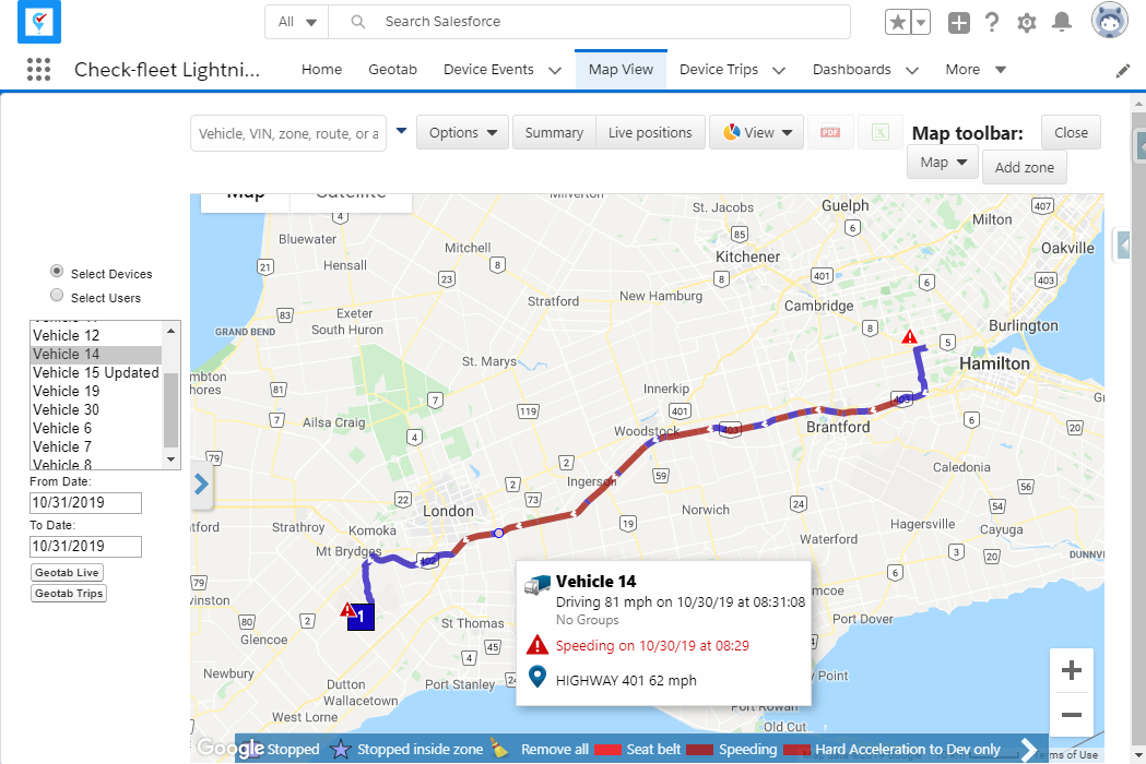 vehicle speeding exception geolocation and time