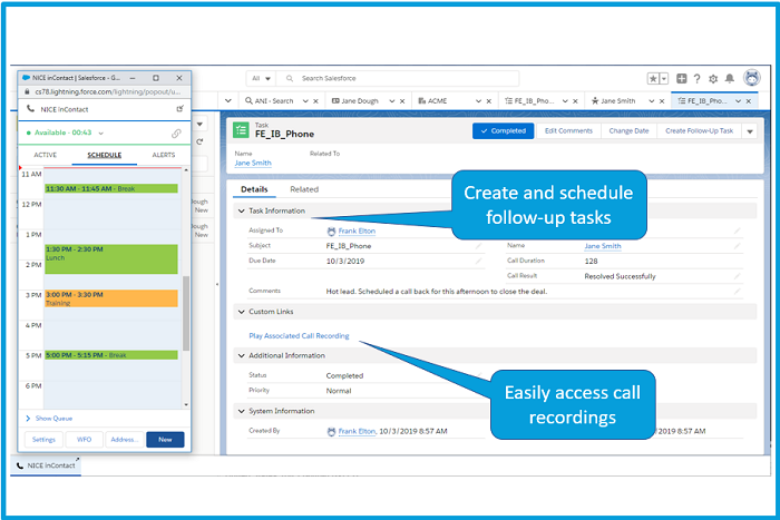 automatically create tasks for interactions and access call recordings