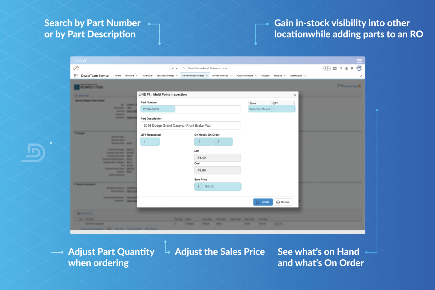 parts lookup and parts orders from job lines