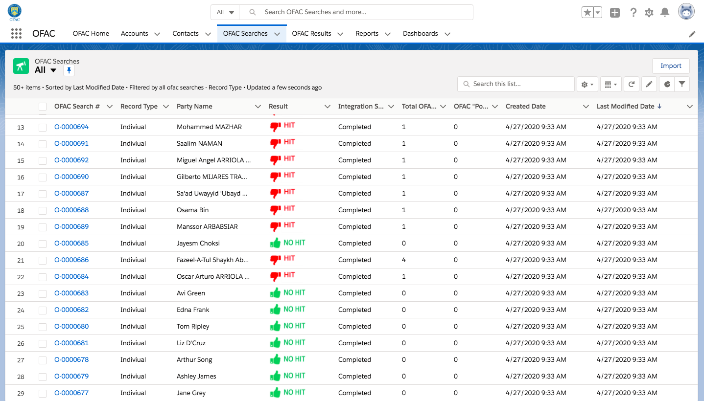 ofac searches with hit and no hit against ofac database