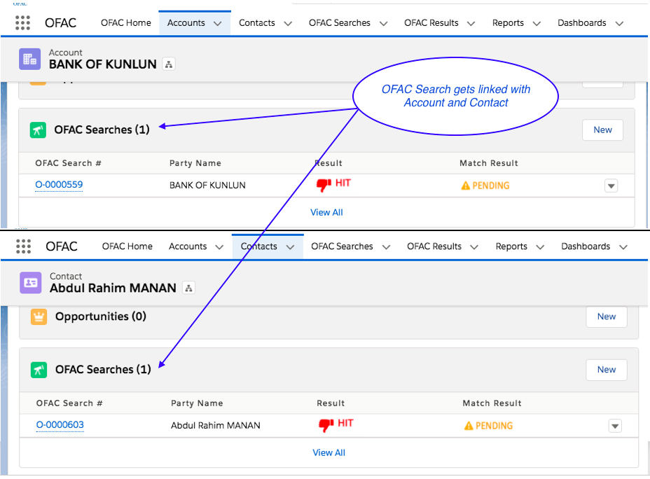 ofac search gets linked with account and contact