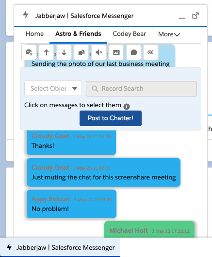 use jabberjaw messenger to post conversations straight to chatter