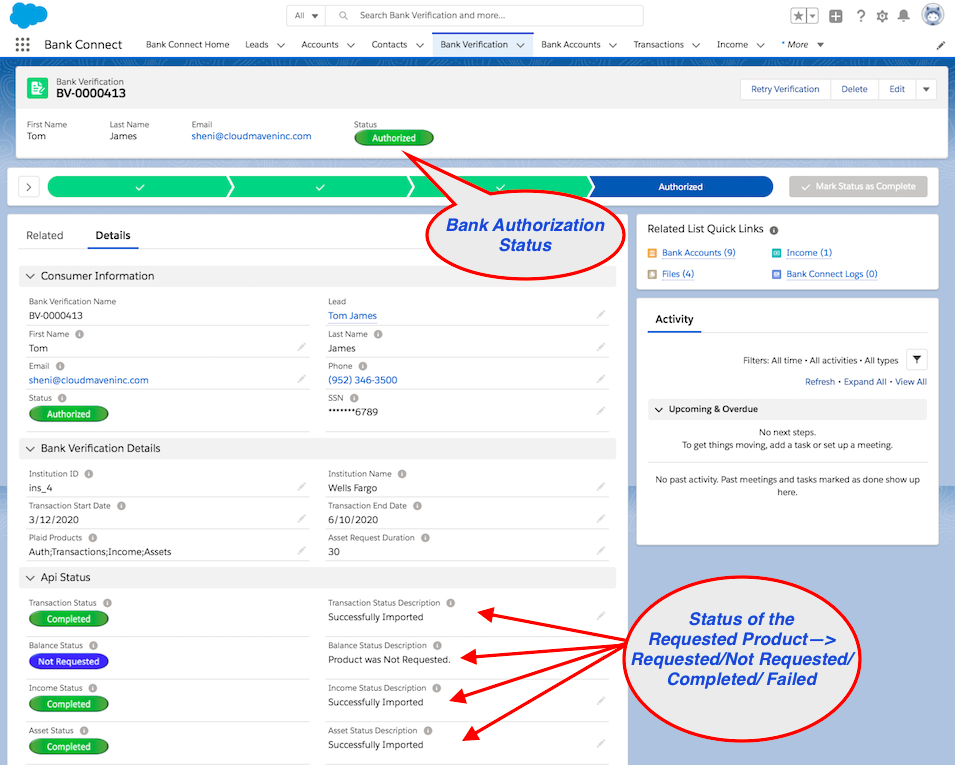 real time tracking of the bank authorization status and the plaid products