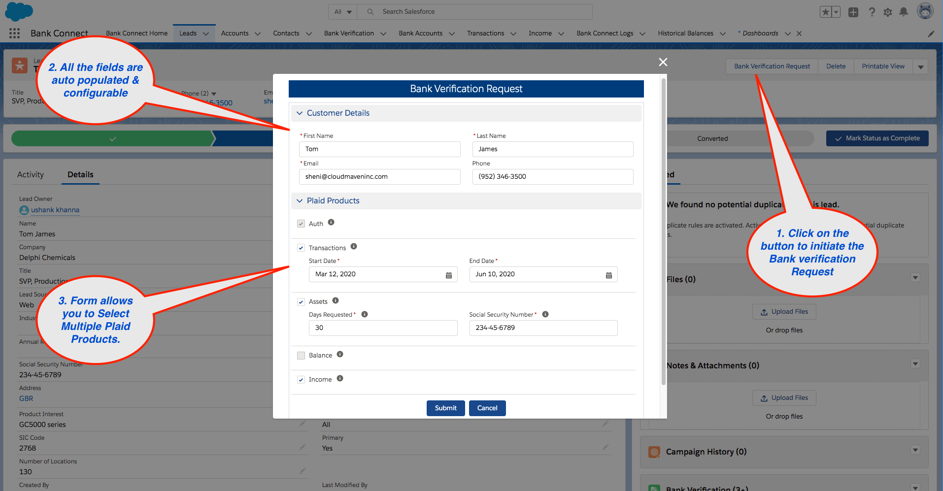 form to initiate bank verification request