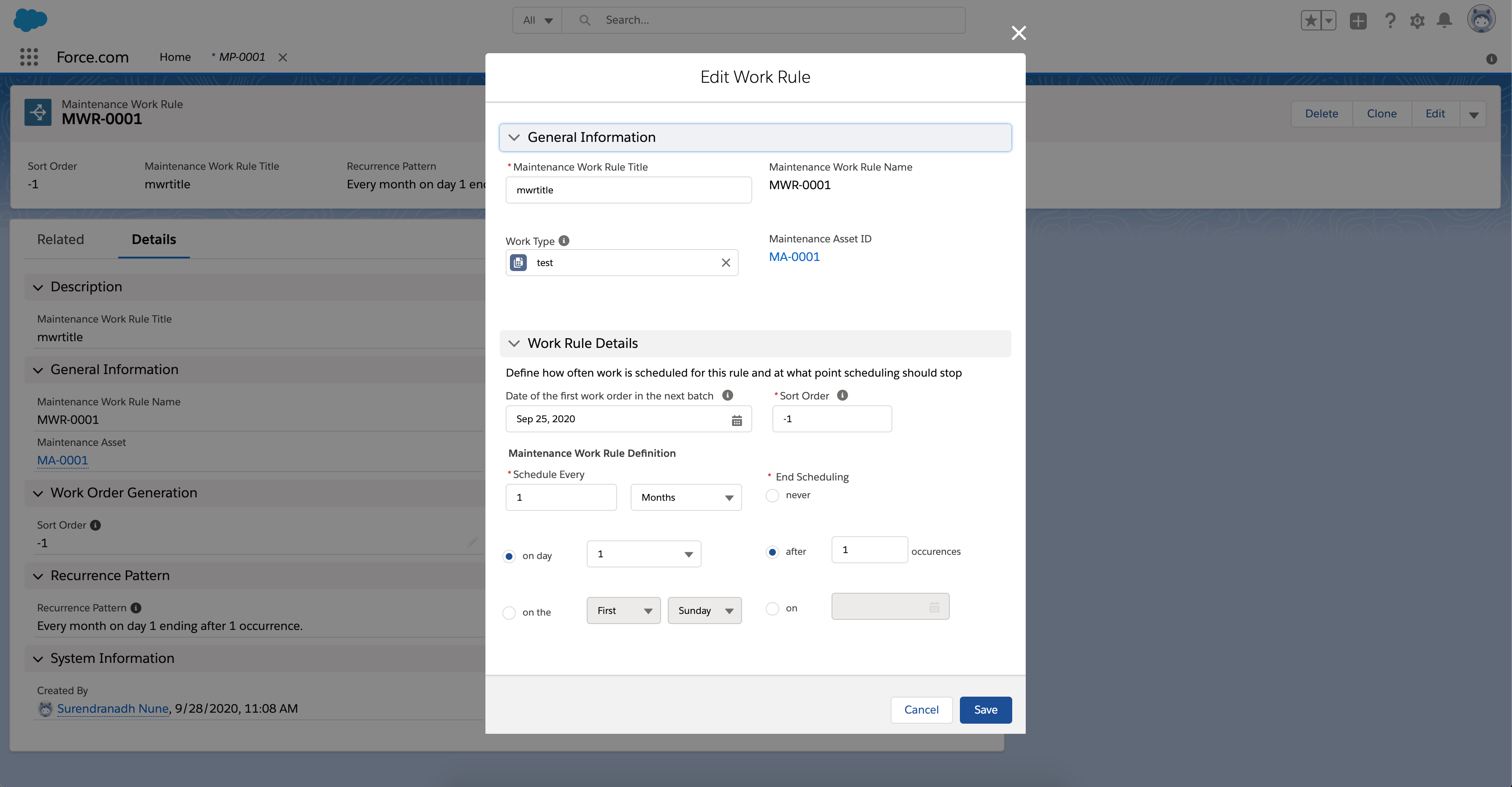 edit work rule modal