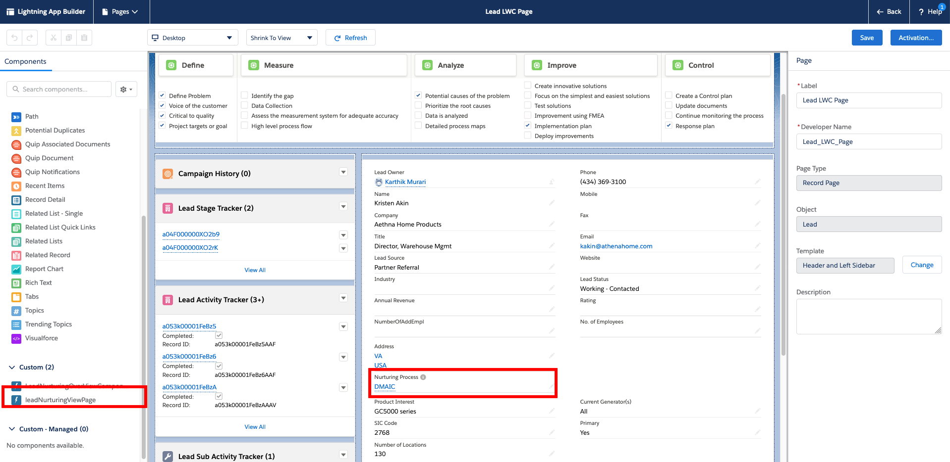 add the component and nurturing process lookup field to the page layout