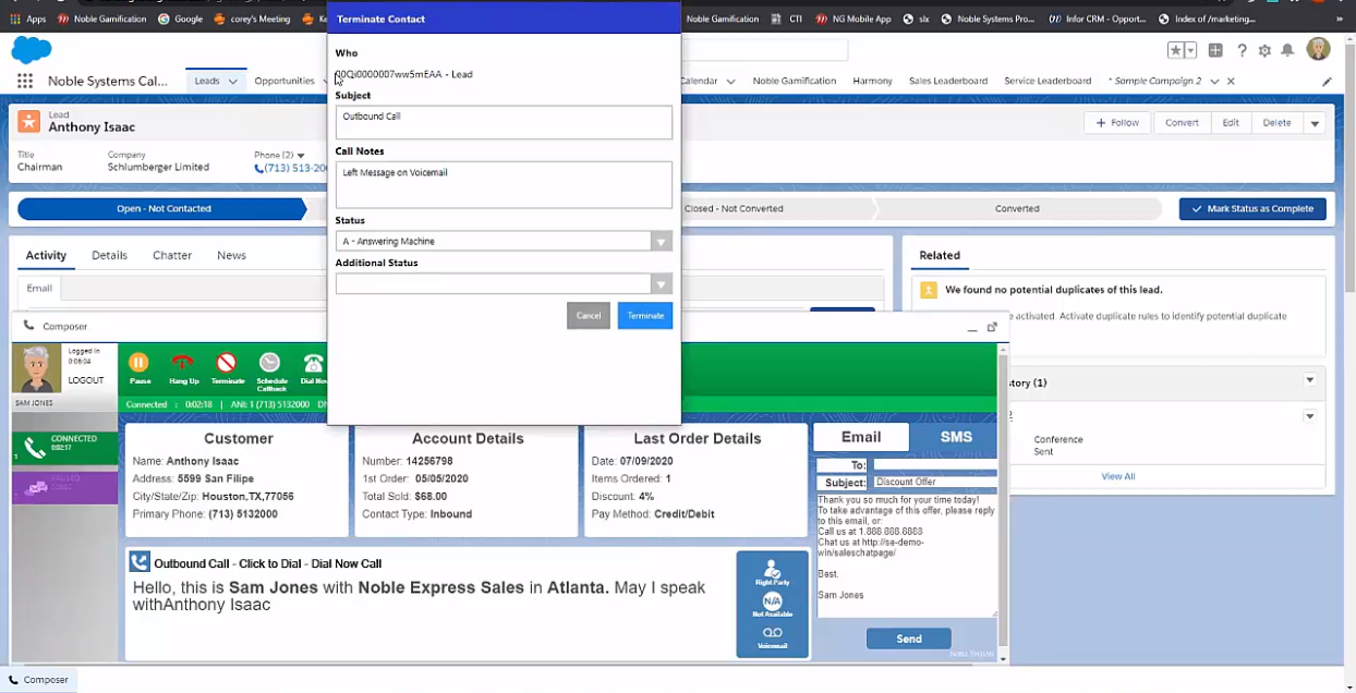 sfdc lightning noble smartengage outbound call termination