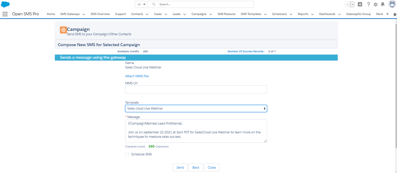 setting up sms in campaign object 2