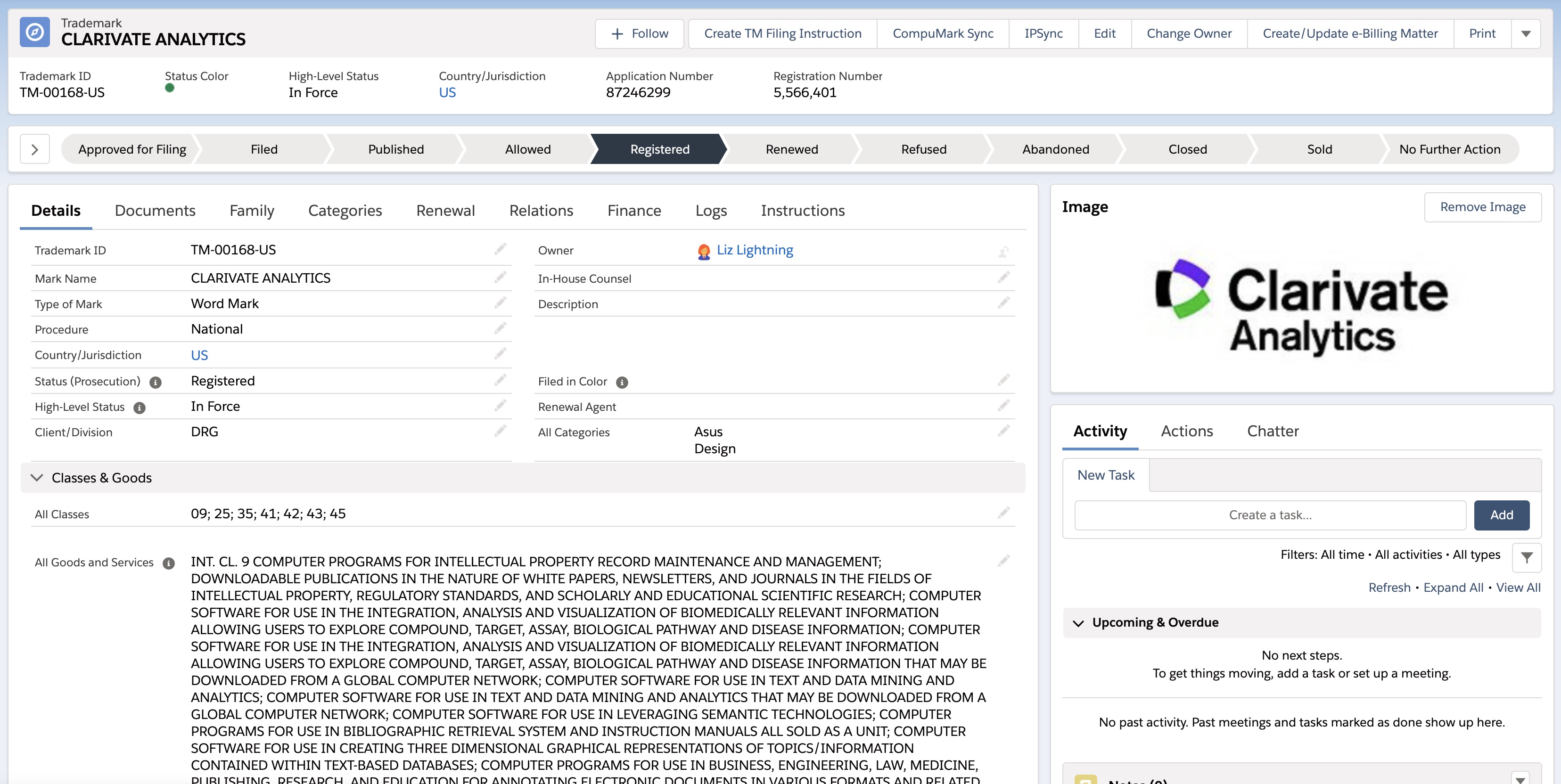 full trademark management capabilities including integration with compumark