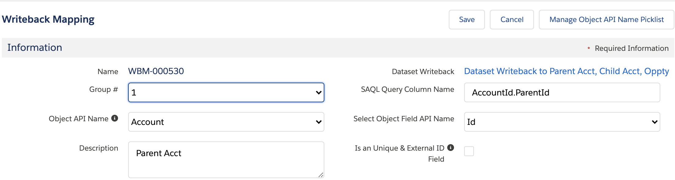 create the saql query columns to object fields writeback mapping records