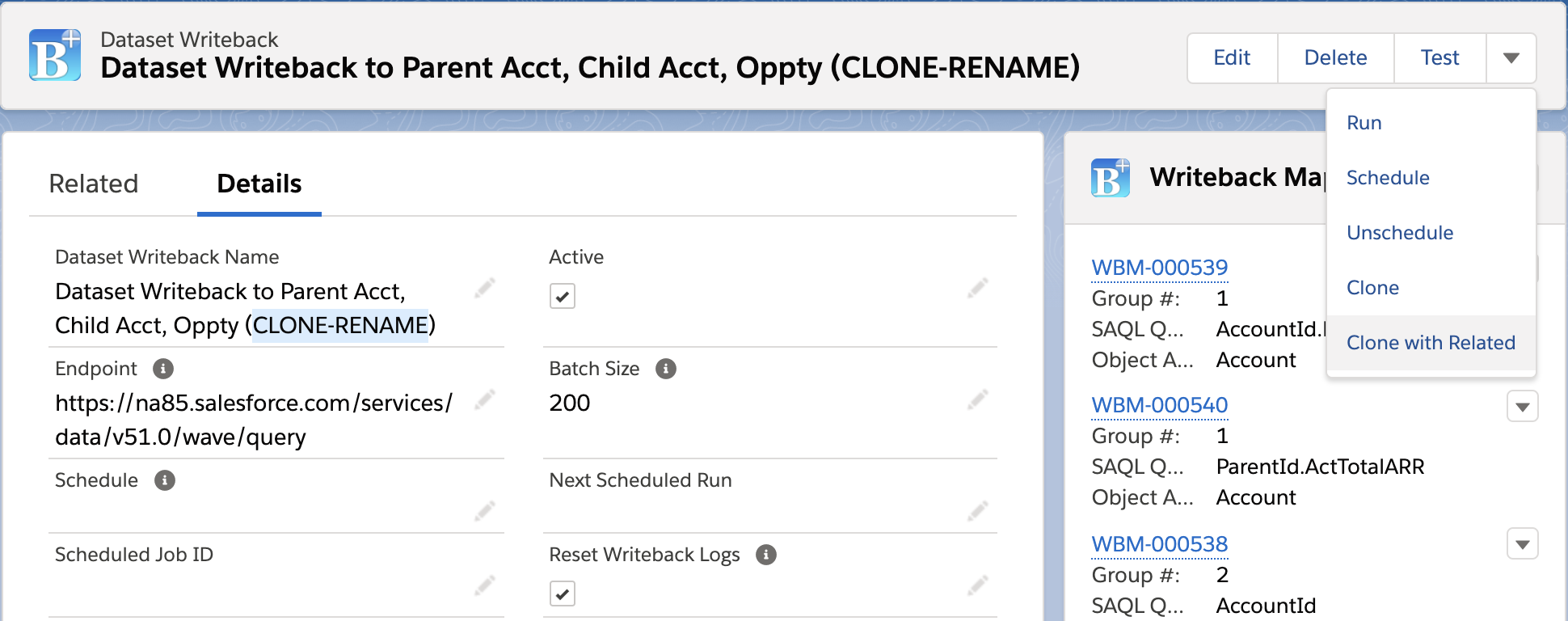 click on the clone with related to clone the dataset writeback with related