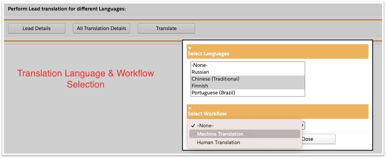 translation language and workflow selection for lead