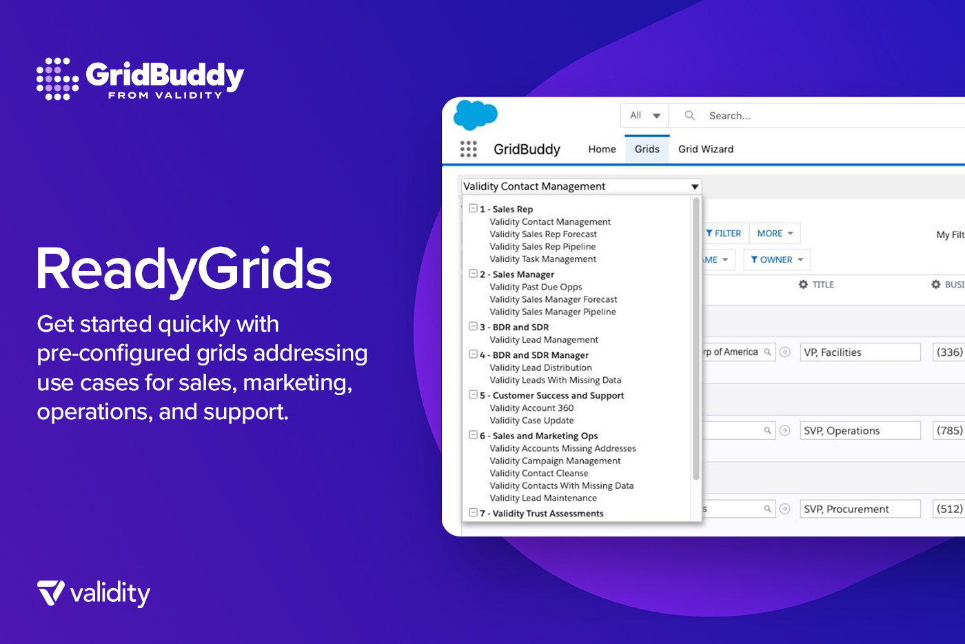 pre configured readygrids for sales marketing operations and support
