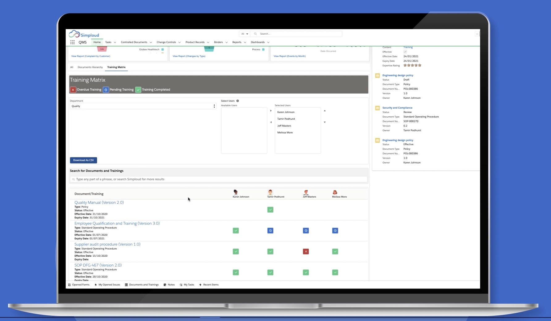 training matrix on your home screen