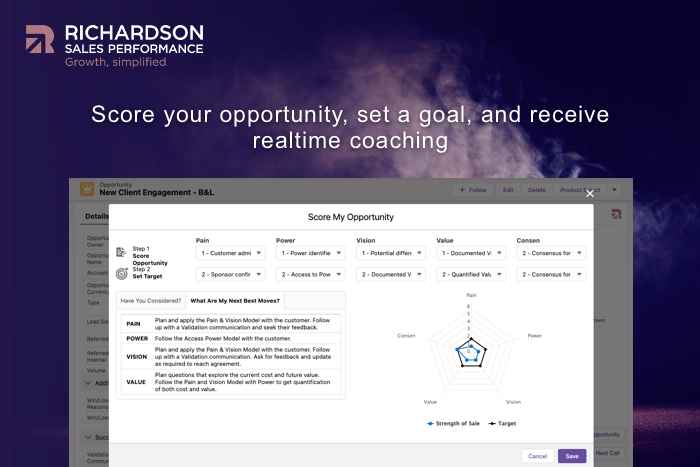 score your opportunity and set a goal for your next call and receive real time coaching